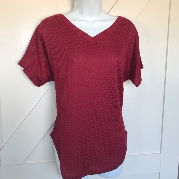 Tops | Red Waffle Short Sleeve Top | Poshmark